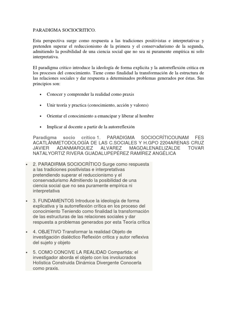 Paradigma Sociocritico | PDF | Paradigma | Conocimiento
