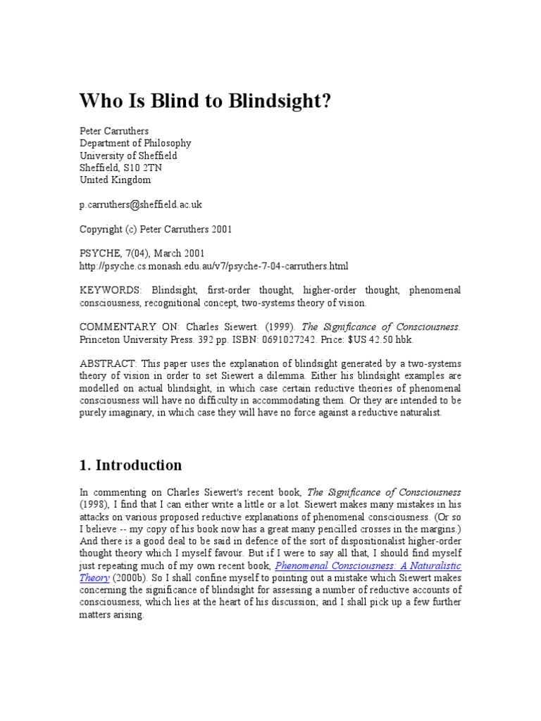Who Is Blind To Blindsight? | PDF | Consciousness | Visual System