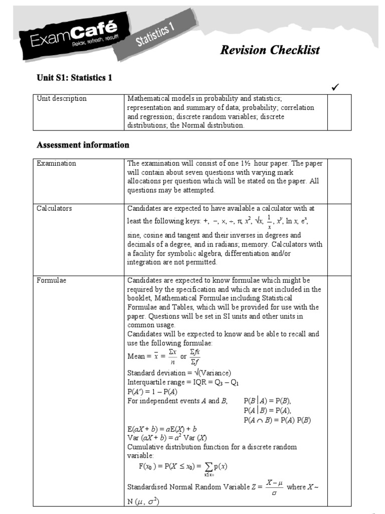 Revision Checklist: Unit S1: Statistics 1 | PDF
