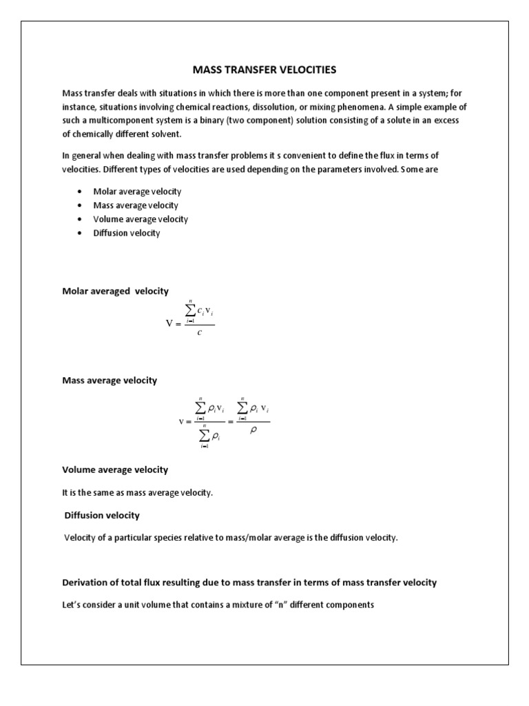 Mass Transfer Velocities Explained | PDF | Diffusion | Flux