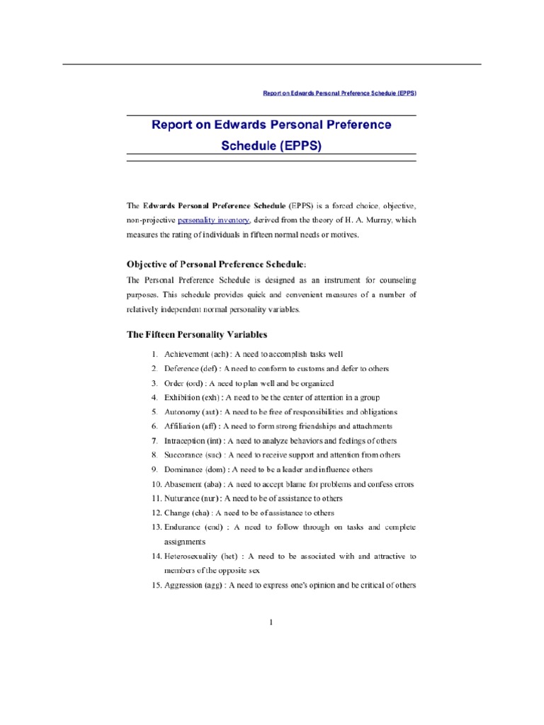 The Edwards Personal Preference Schedule | PDF | Psychology ...