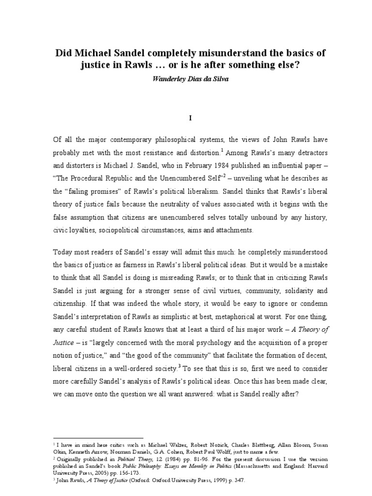 Sandel's Critique of Rawls's Justice Theory | PDF | John Rawls | Immanuel Kant