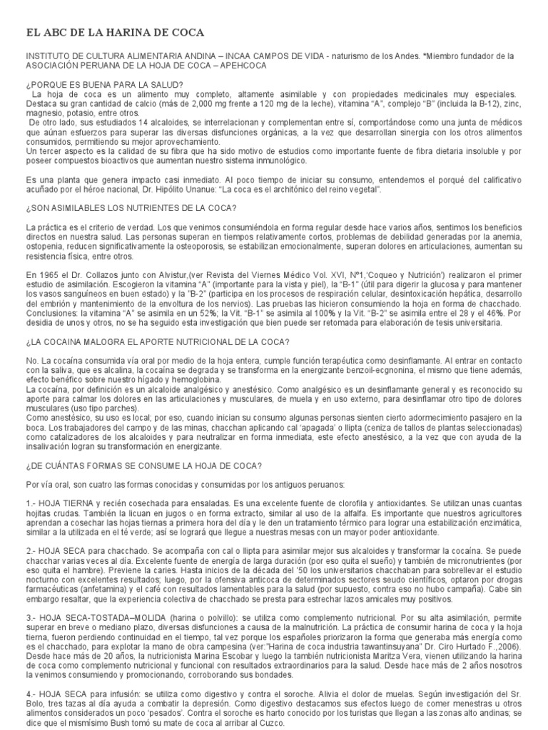 Beneficios y usos de la harina de coca | PDF | Cocaína | Fibra dietética