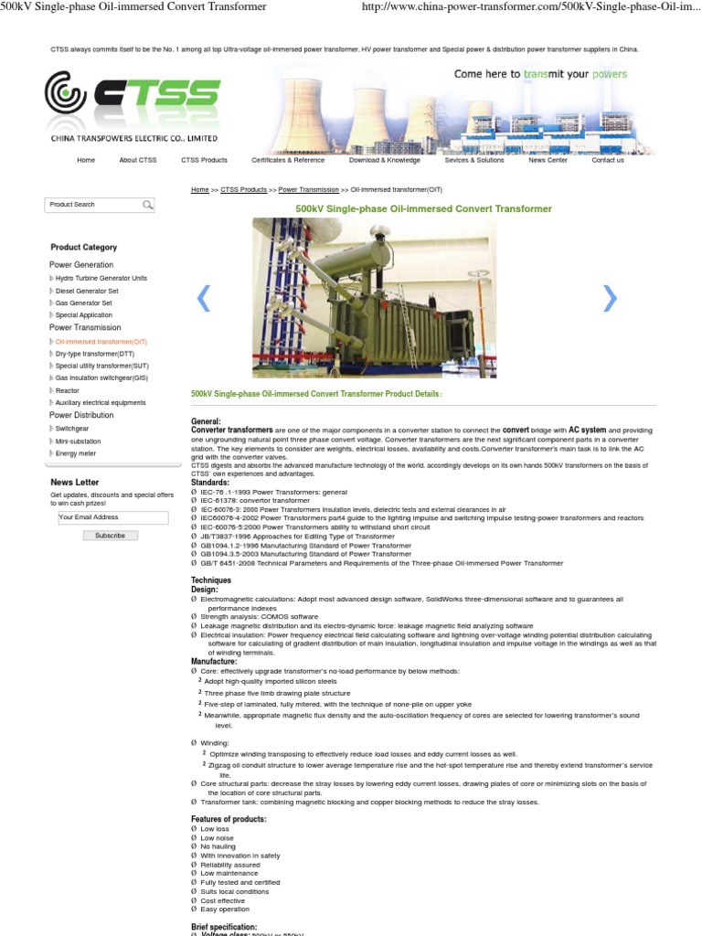 500kV Single-Phase Oil-Immersed Convert Transformer | PDF | Transformer ...