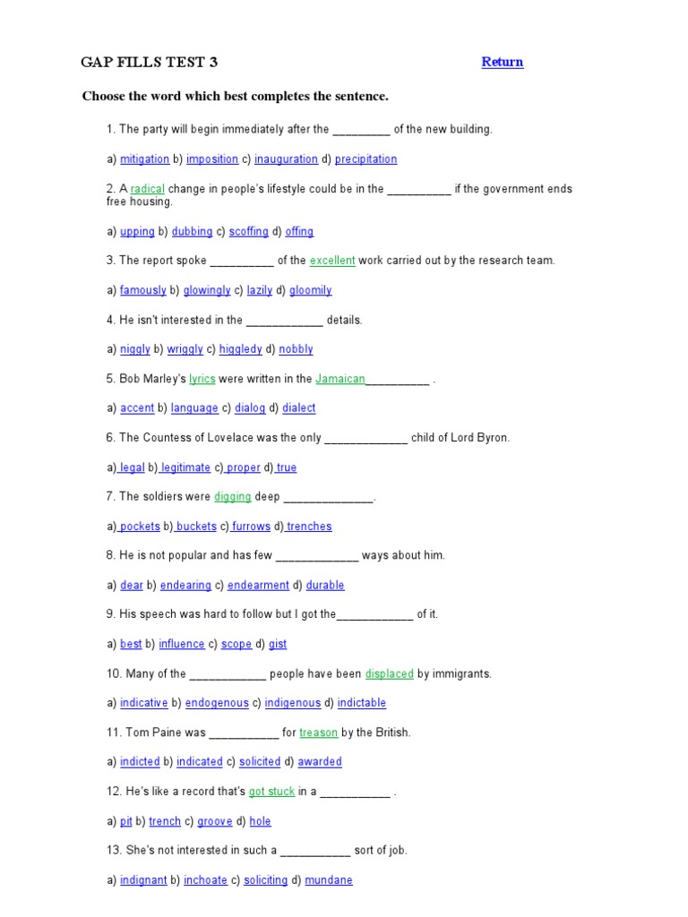 Gap Fills Test 3: Choose The Word Which Best Completes The Sentence | PDF