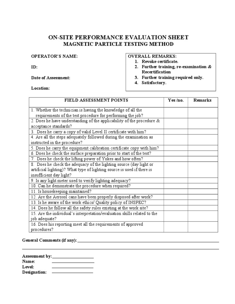 On-Site Performance Evaluation Sheet: Magnetic Particle Testing Method ...
