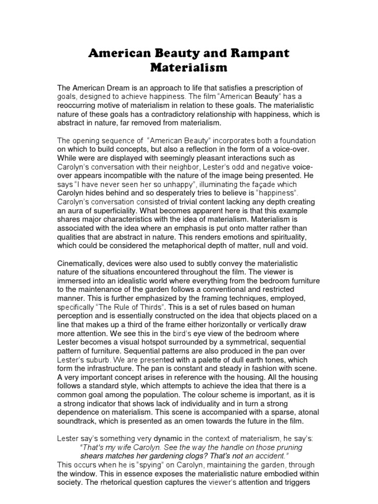 American Beauty Essay | PDF | Materialism | Contentment