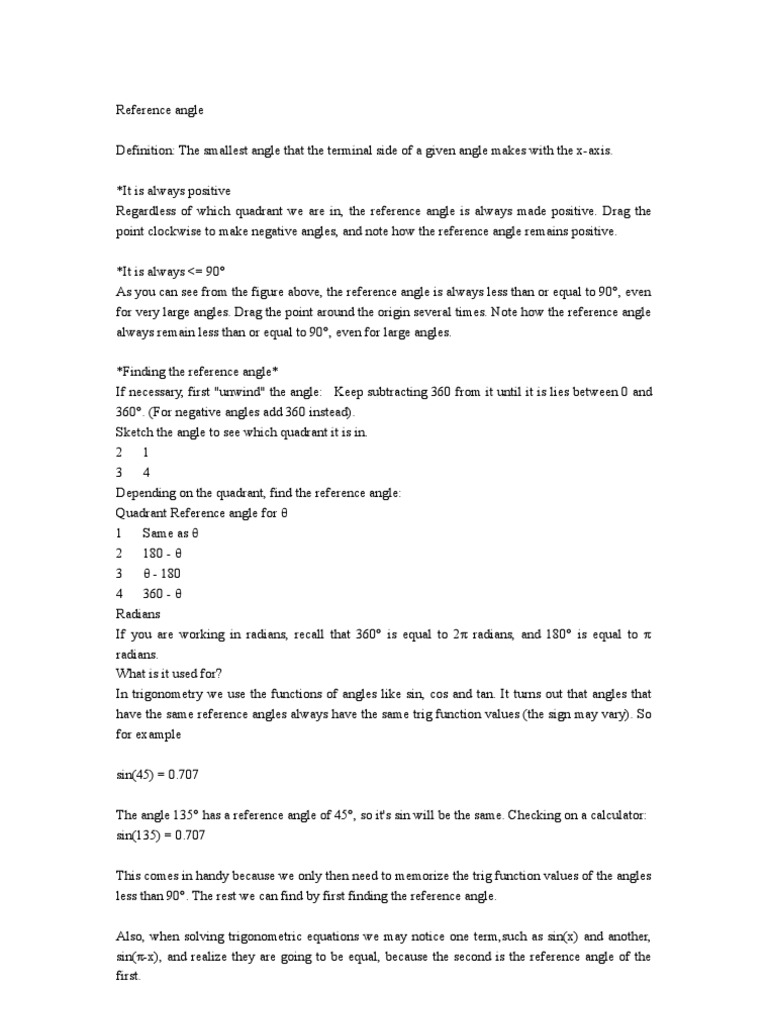 Reference Angle Trigo Pdf Angle Sine