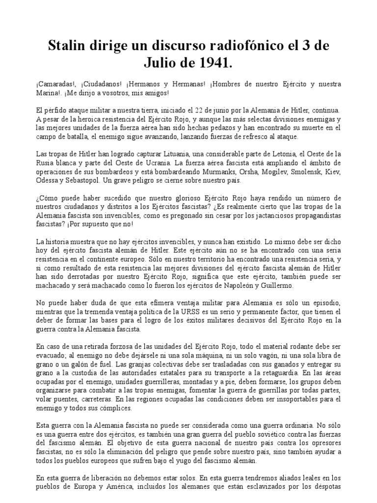 Discurso de Stalin ante la invasión nazi | PDF | Ejército Rojo | Fascismo