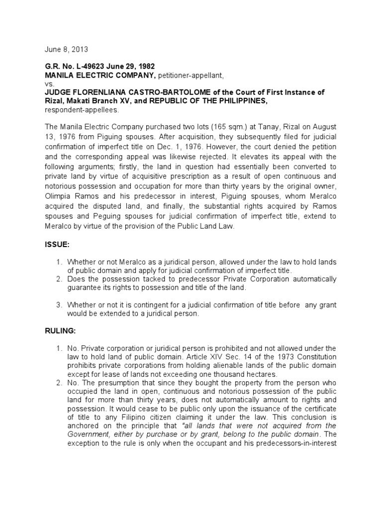 Meralco Vs Castro Bartolome Digest | PDF | Adverse Possession | Property