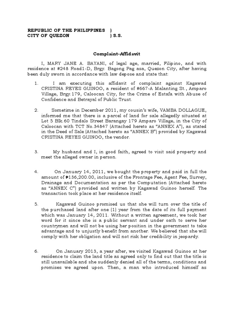 Affidavit of Complaint | PDF | Land Lot | Social Institutions
