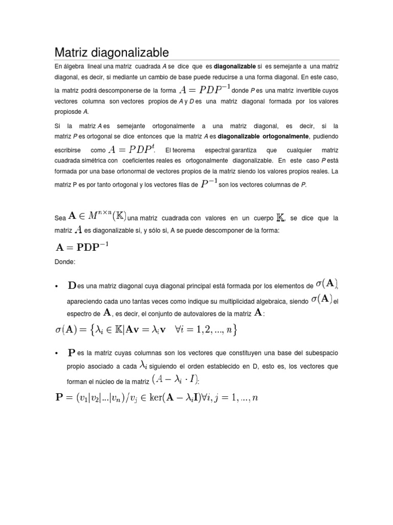 Matriz Diagonalizable | PDF | Matriz (Matemáticas) | Valores propios y vectores propios