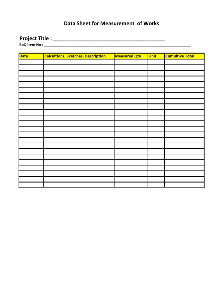 Data Sheet For Measurement of Works Project Title | PDF