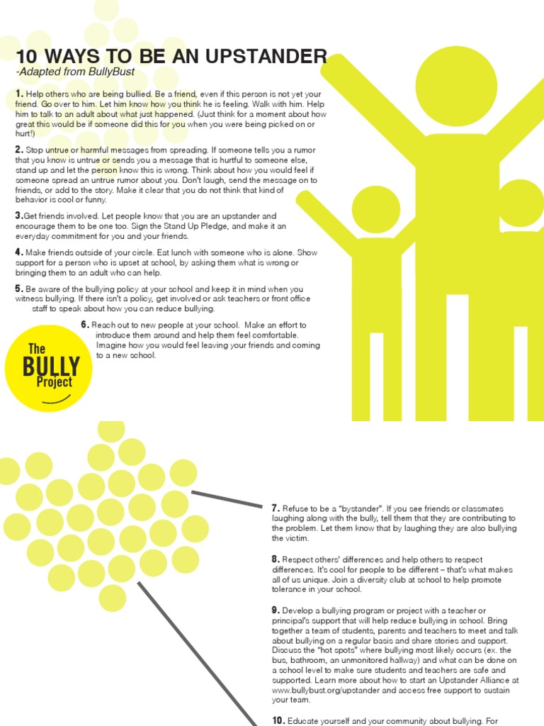 10 Ways To Be An Upstander: - Adapted From Bullybust | PDF | Bullying ...