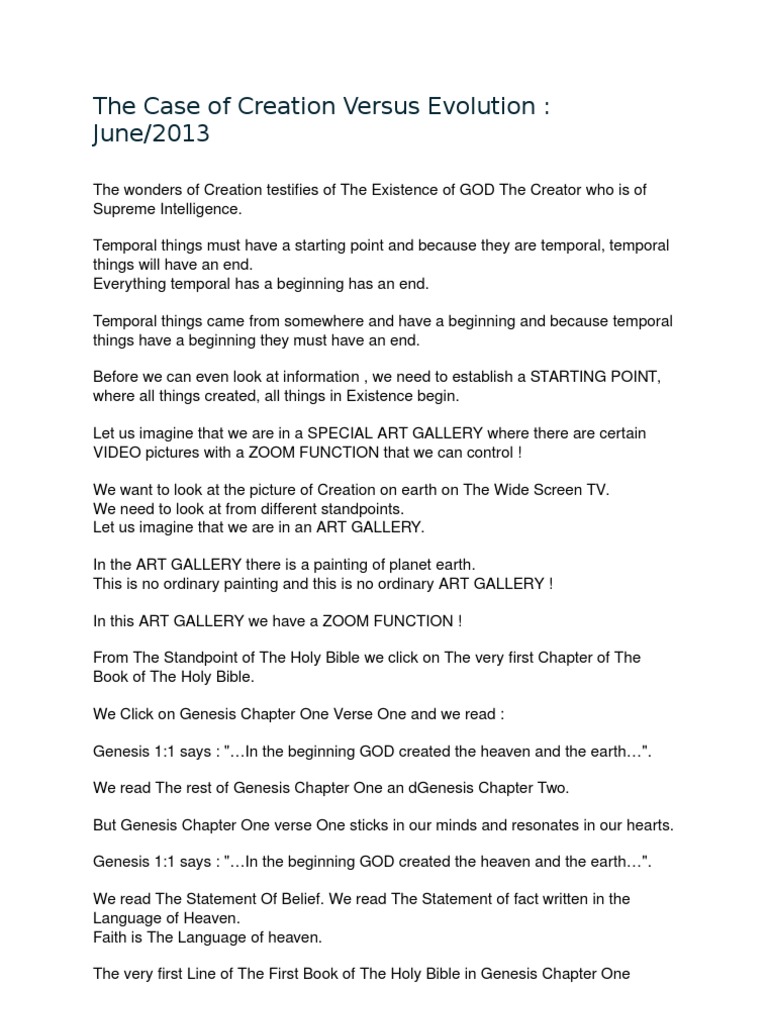 The Case of Creation Versus Evolution | PDF | Genesis Creation Narrative | Creator Deity