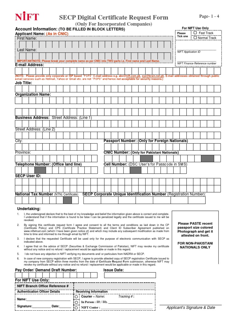 SECP Digital Certificate Request Form | PDF | Identity Document ...