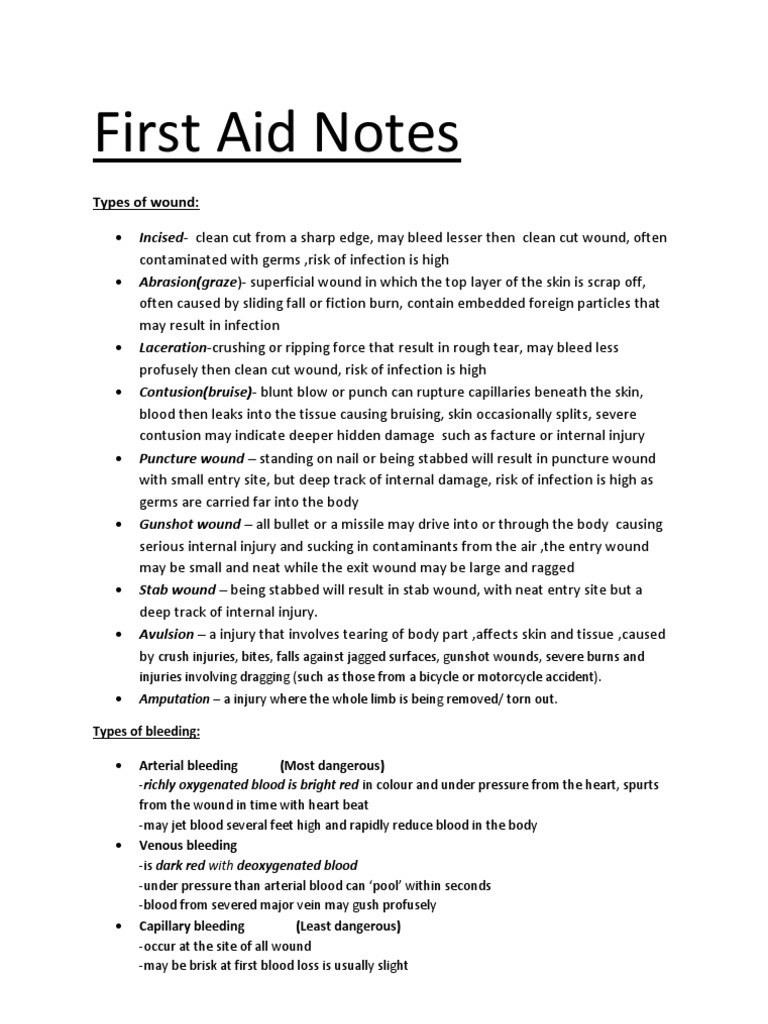 First Aid Notes | PDF | Shock (Circulatory) | Wound