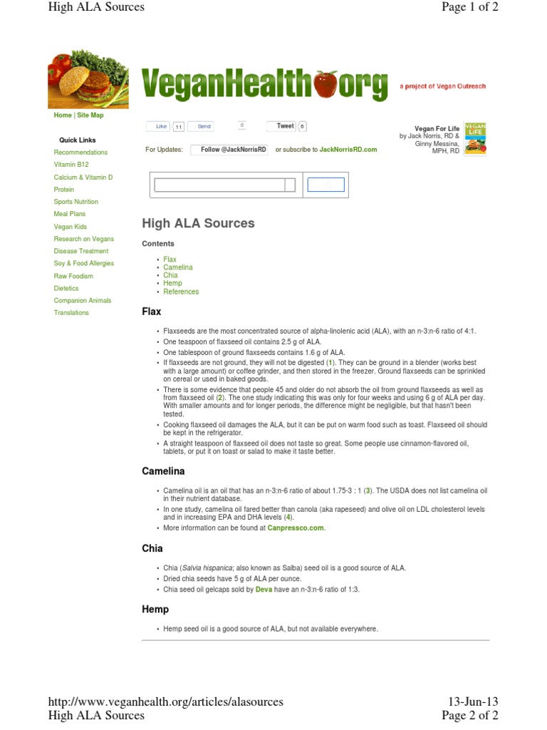 High ALA Sources: Home - Site Map | PDF | Flax | Veganism