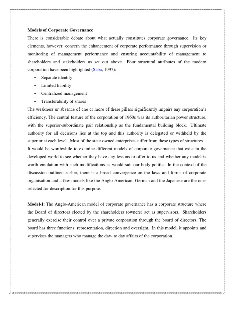 Comparative Models of Corporate Governance | PDF | Corporate Governance ...