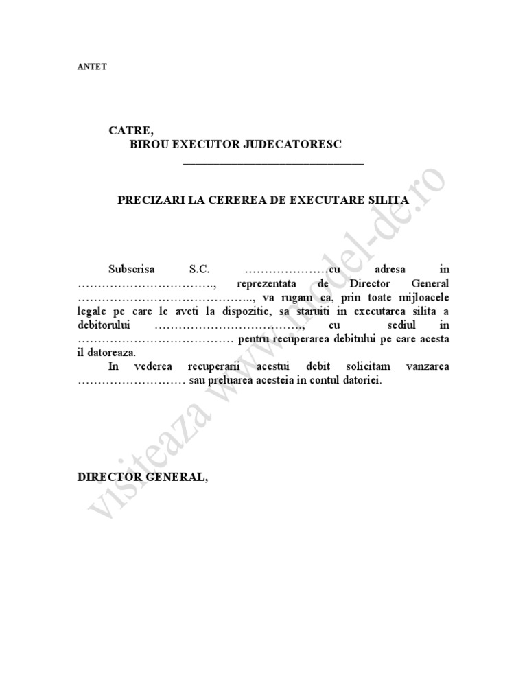 Model de Cerere Executor Judecatoresc Staruinta in Executarea Silit Viziteaza WWW - Model-De | PDF