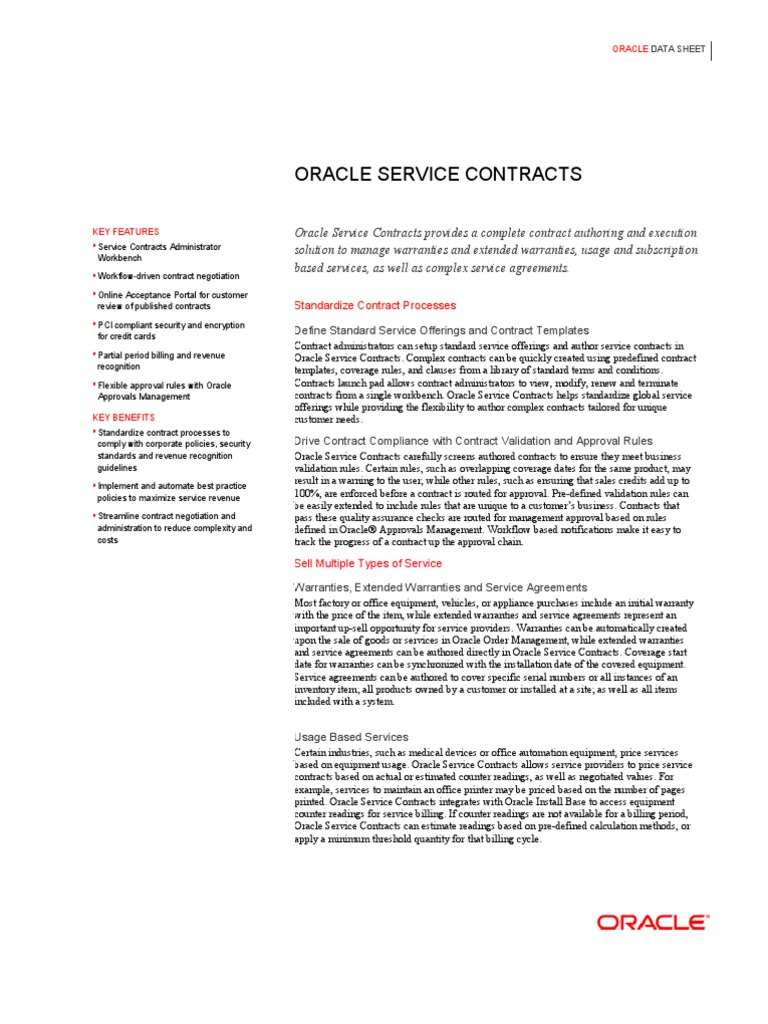 Oracle Service Contracts: Standardize Contract Processes | PDF