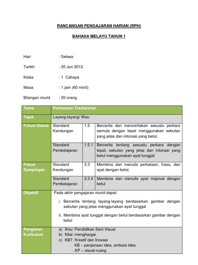 RPH KSSR Tahun 1 SDP Layang2 | PDF