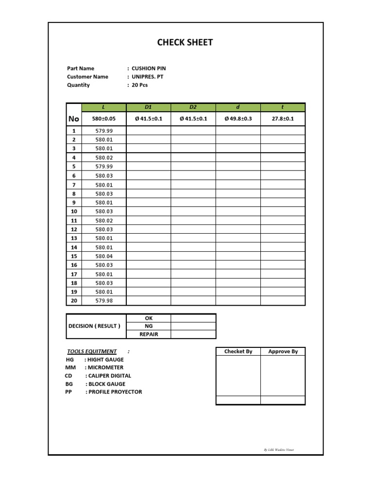 Cushion Pin Quality Check Sheet | PDF | Teaching Methods & Materials