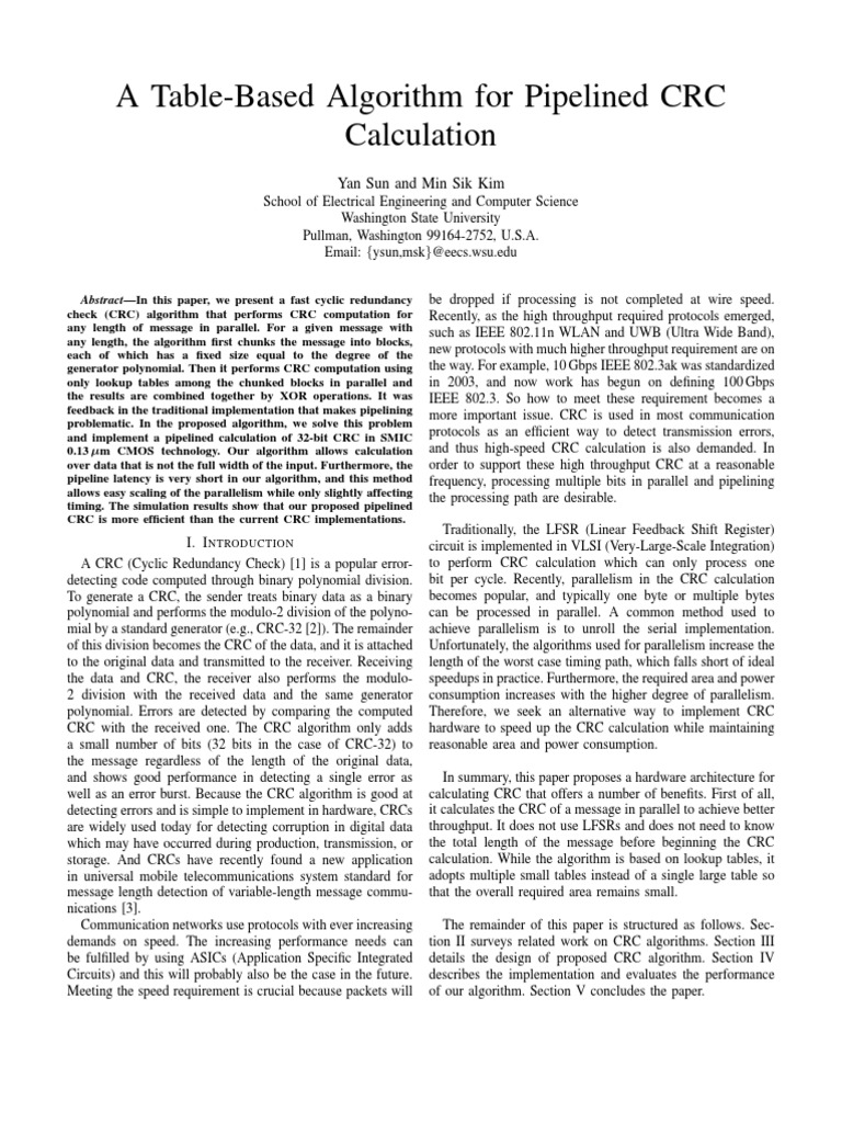 A Table Based Algorithm For Pipelined Crc Pdf Pdf Computer Architecture Applied Mathematics