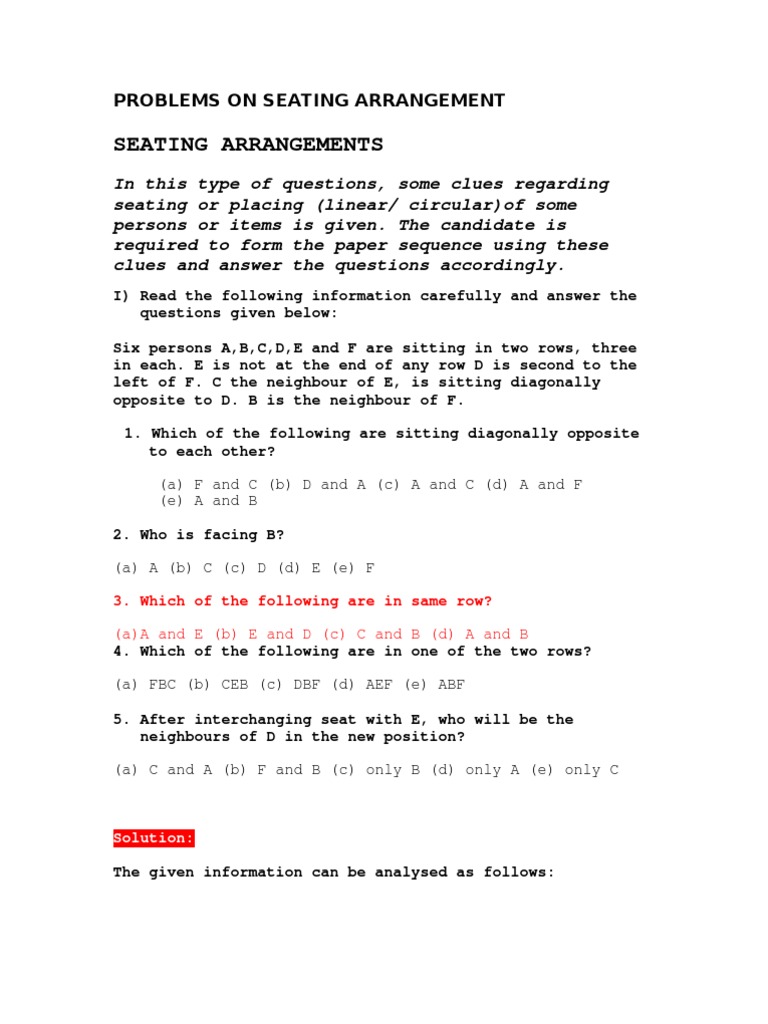 Puzzle Seating Arrangement For The Bank | PDF | Teaching Mathematics