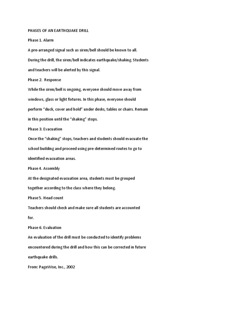 Phases of An Earthquake Drill | PDF | Emergency Evacuation | Earthquakes