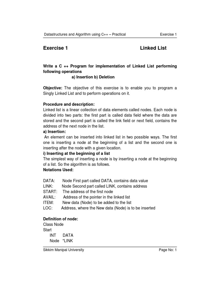 Exercise 1 Linked List Datastructures And Algorithm Using C Practical Exercise 1 Pdf