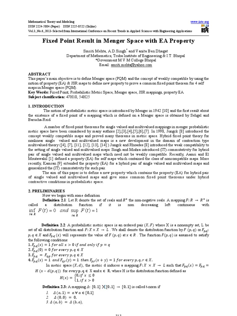 Fixed Point Result In Menger Space With Ea Property Pdf Sequence Function Mathematics