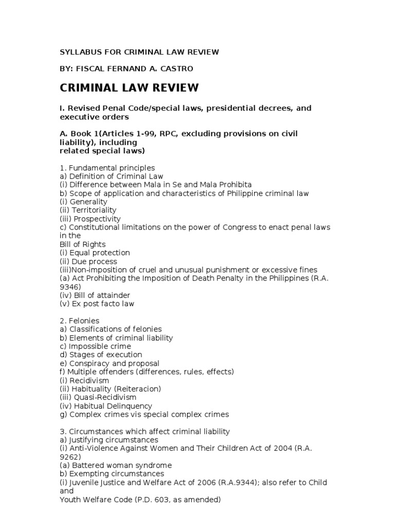 Syllabus For Criminal Law Review | PDF | Crime & Violence | Crime Thriller