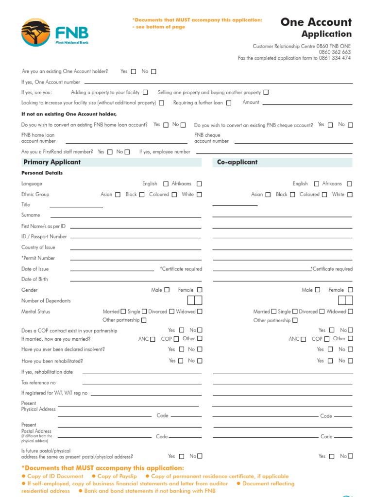 One Account Application Form - FNB | PDF | Banks | Loans
