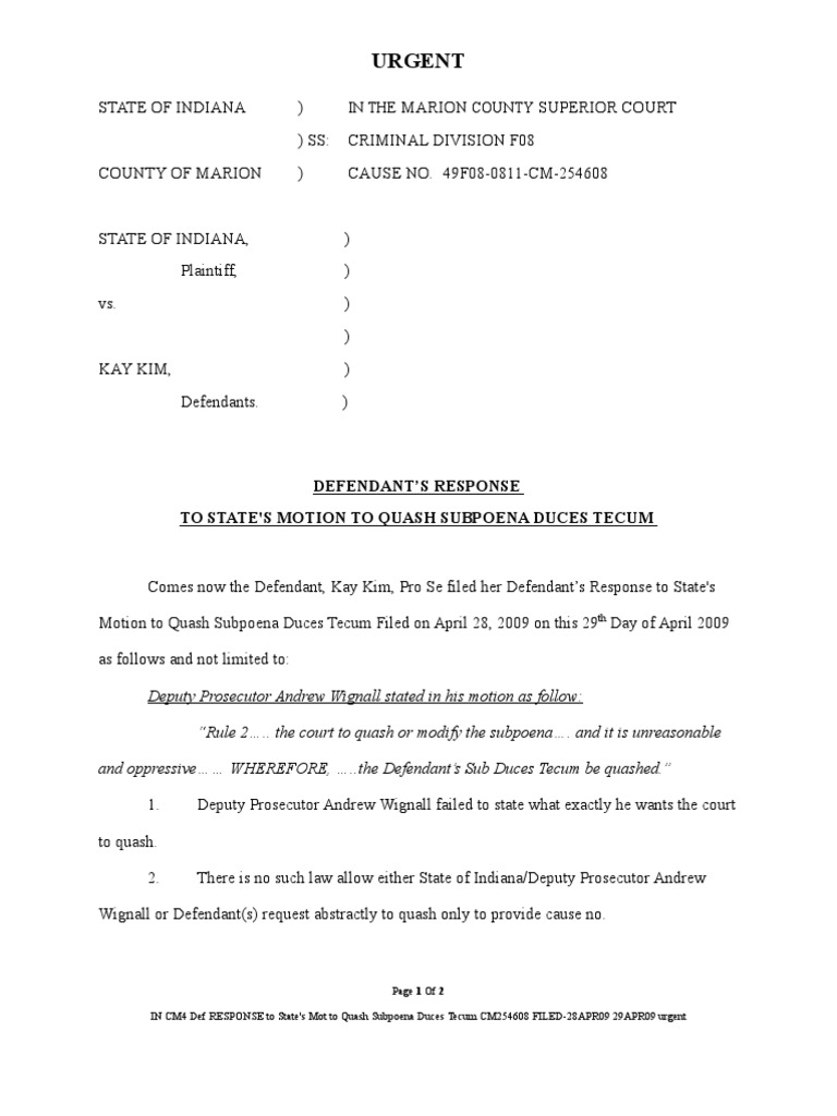 Response to Motion to Quash Subpoena | PDF | Subpoena Duces Tecum ...