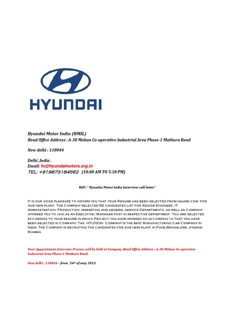 Hyundai Motor India (Hmil) Interview Call Letter | Résumé | Government ...