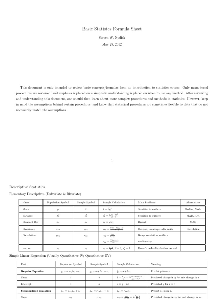 Basic Statistics Formula Sheet | Download Free PDF | Student's T Test ...