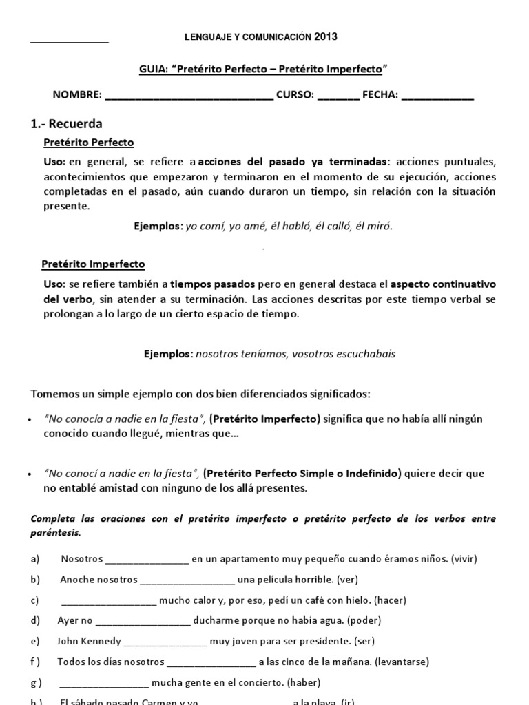 Guia Refuerzo CUARTO AÑOS Tiempos Verbales Preterito Perfecto e ...