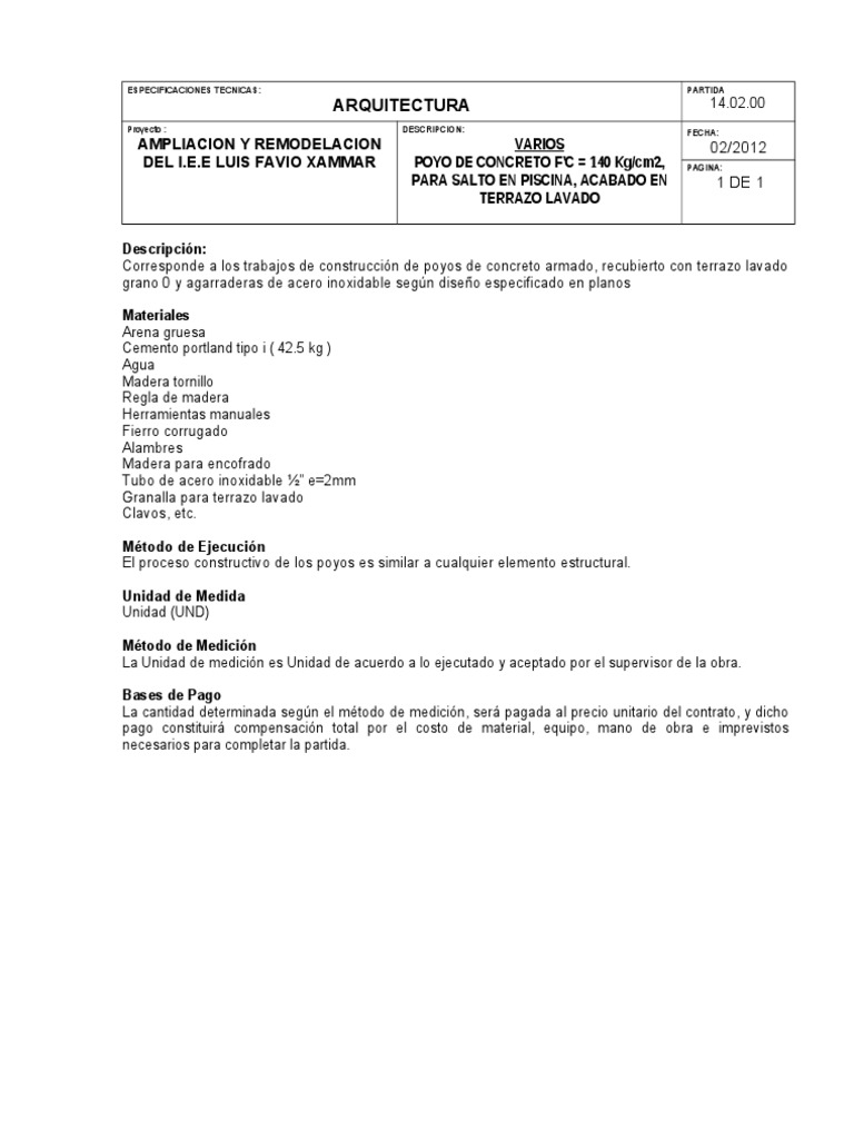 14 02 00 Poyo De Concreto Fc 140fg Cm2 Para Salto En Piscina Acabado En