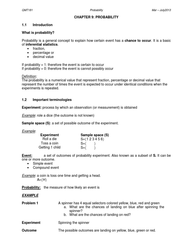 CHAPTER 9 - Probability | PDF | Probability | Experiment
