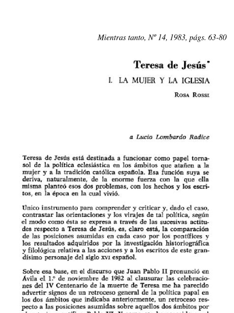 Teresa de Jesús I - La Mujer y La Iglesia | PDF | Teresa De Ávila ...