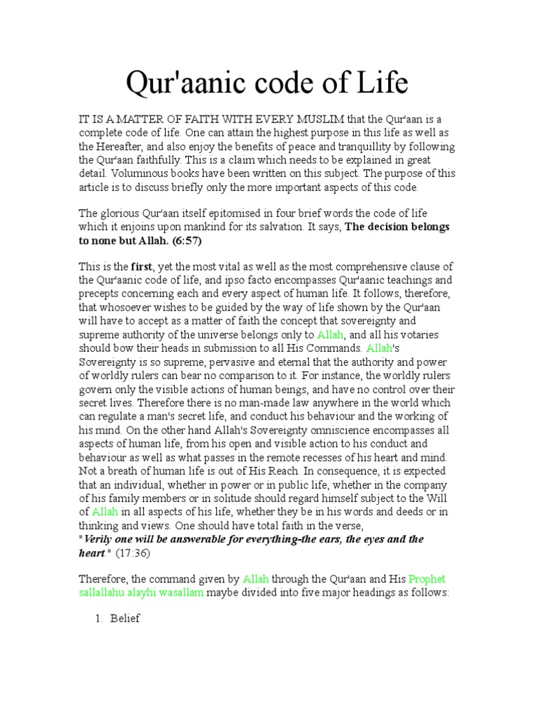 Qur'Aanic Code of Life | PDF | Quran | Islam