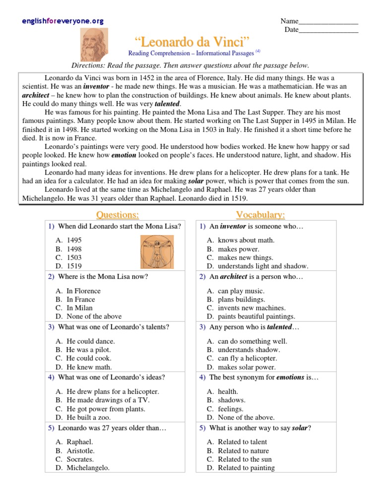 Leonardo da Vinci Reading Worksheet | PDF