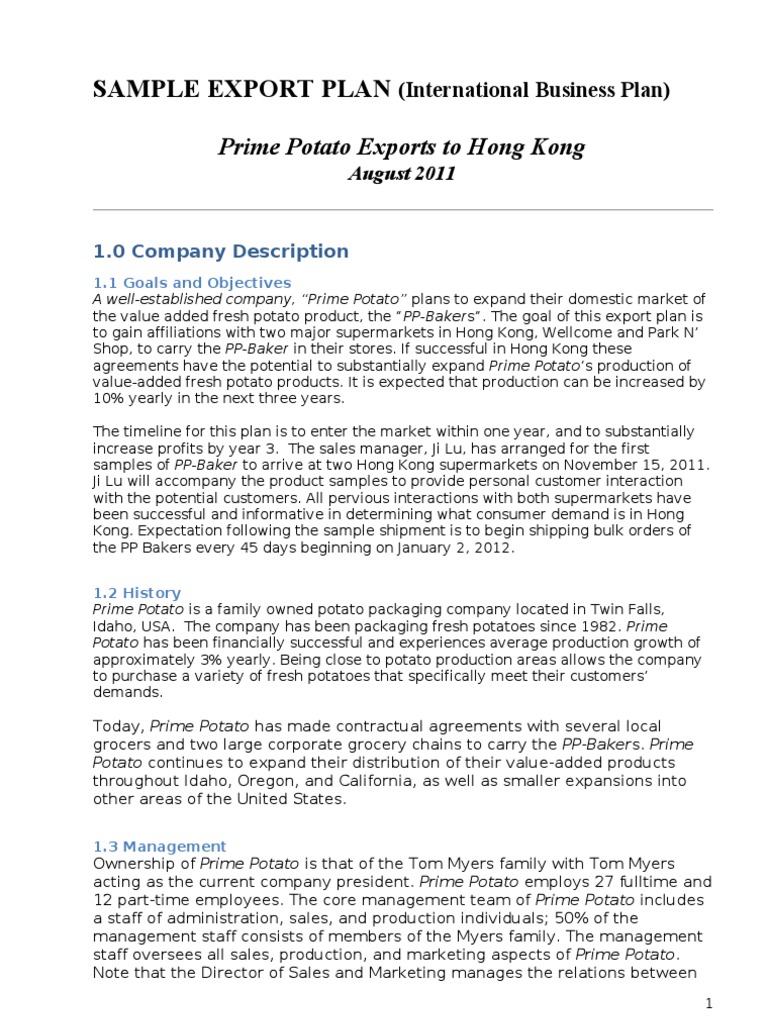 Prime Potato Sample Export Plan | PDF | Supermarket | Grocery Store