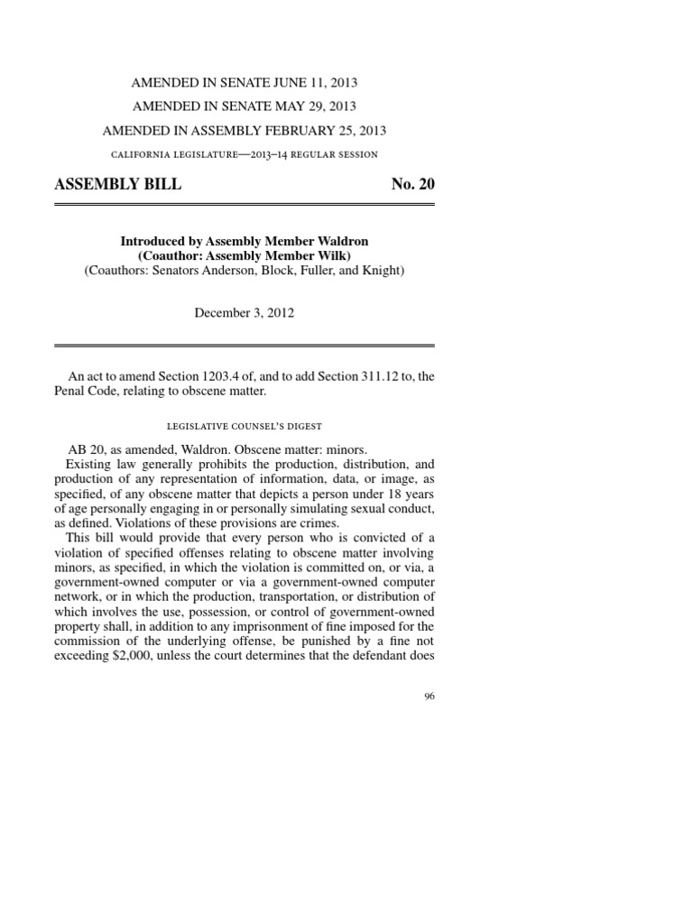 California Assembly Bill 20: Obscene Matter | PDF | Probation | Plea