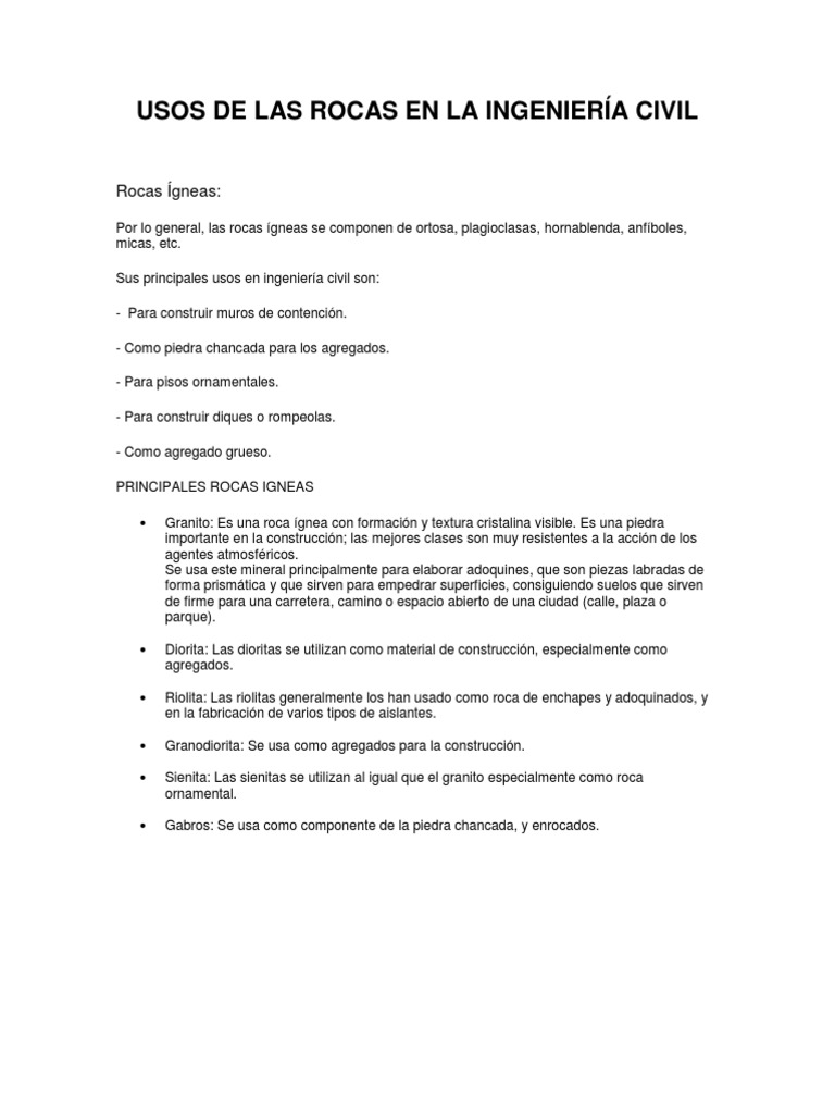 Usos de Las Rocas en La Ingeniería Civil | PDF | Pizarra | Caliza