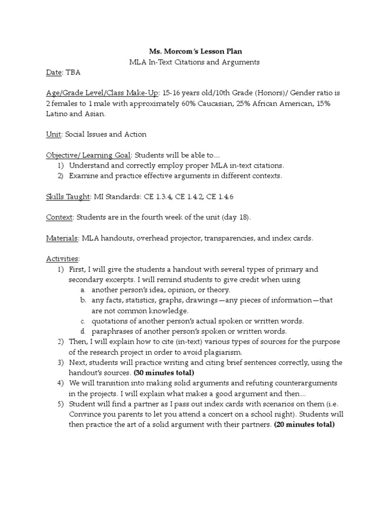 MLA Citations and Argument Skills Lesson | PDF