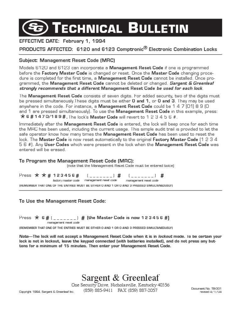 S&G 6120 Safe Lock Management Reset Instructions | PDF | Security ...