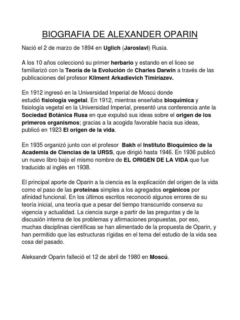 Biografia de Alexander Oparin | PDF | Organismos | Abiogénesis