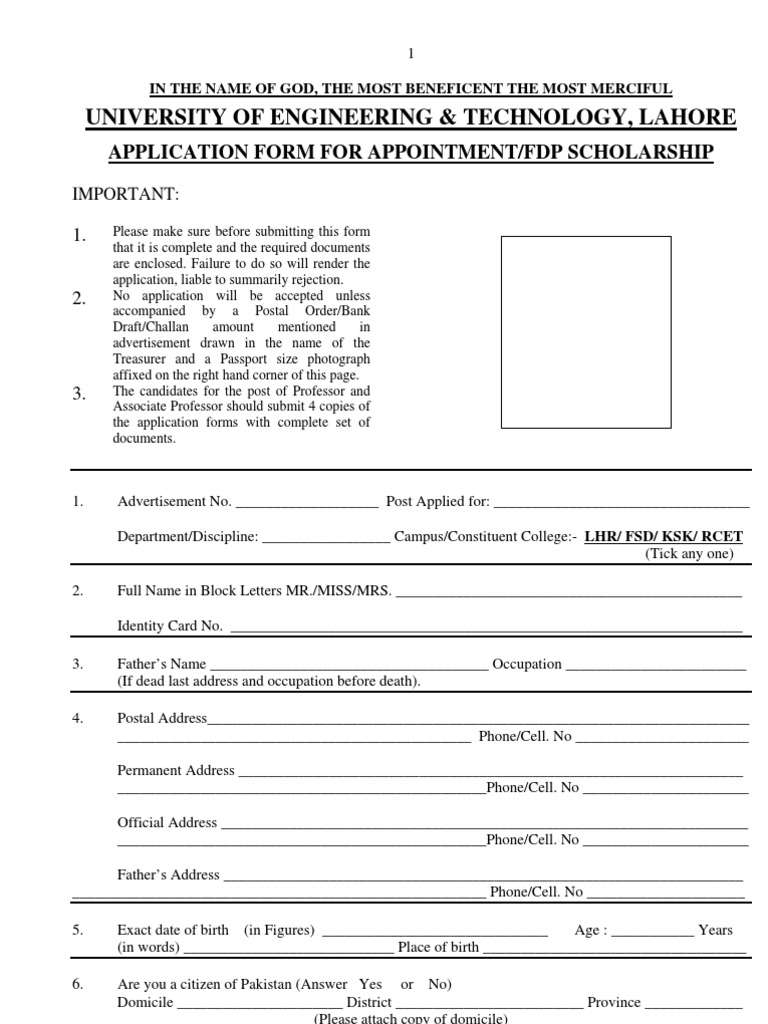 University of Engineering & Technology, Lahore: Application Form For Appointment/Fdp Scholarship ...